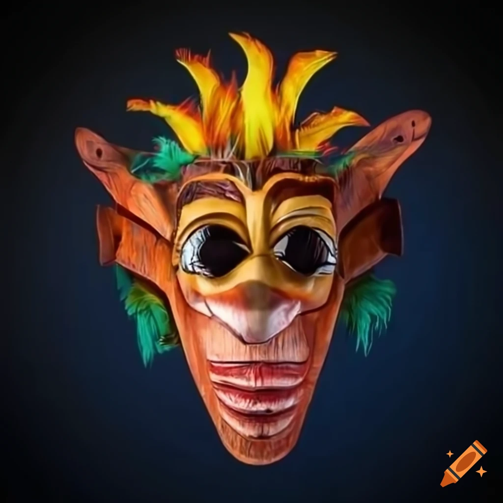 Vibrant Sumerian wooden mask with feather crown and symbolic details on ...