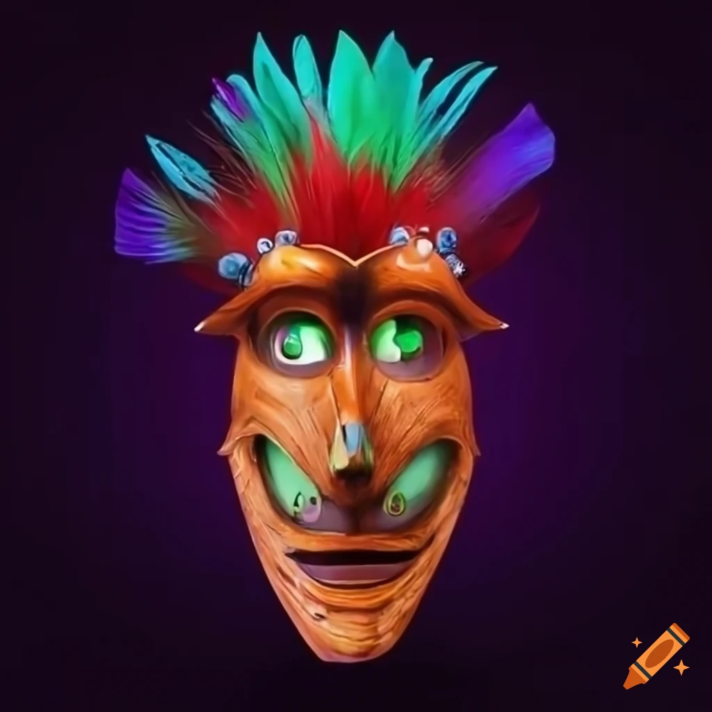 Vibrant sumerian wooden mask with realistic feather crown and symbolic ...