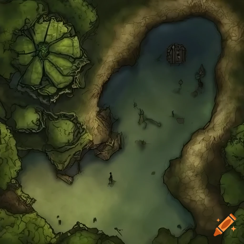 Top down ttrpg battle map for d&d featuring a misty swamp dungeon entrance on Craiyon