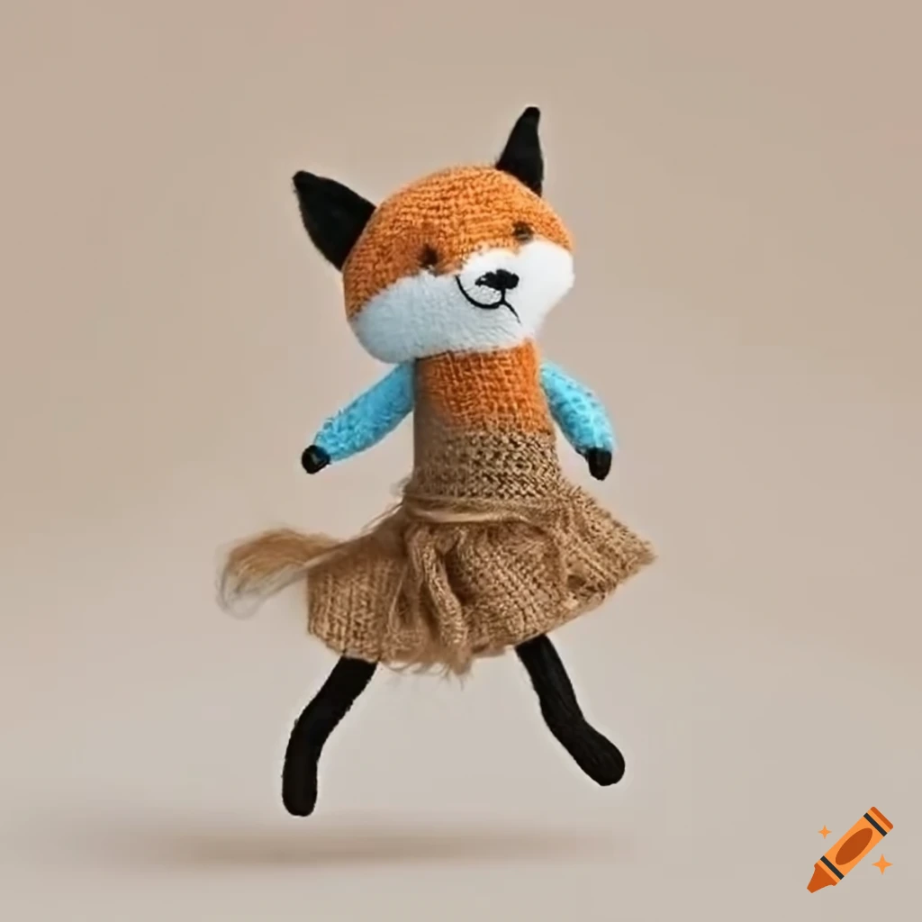 Cute blue fox burlap doll jumping in a skirt on Craiyon