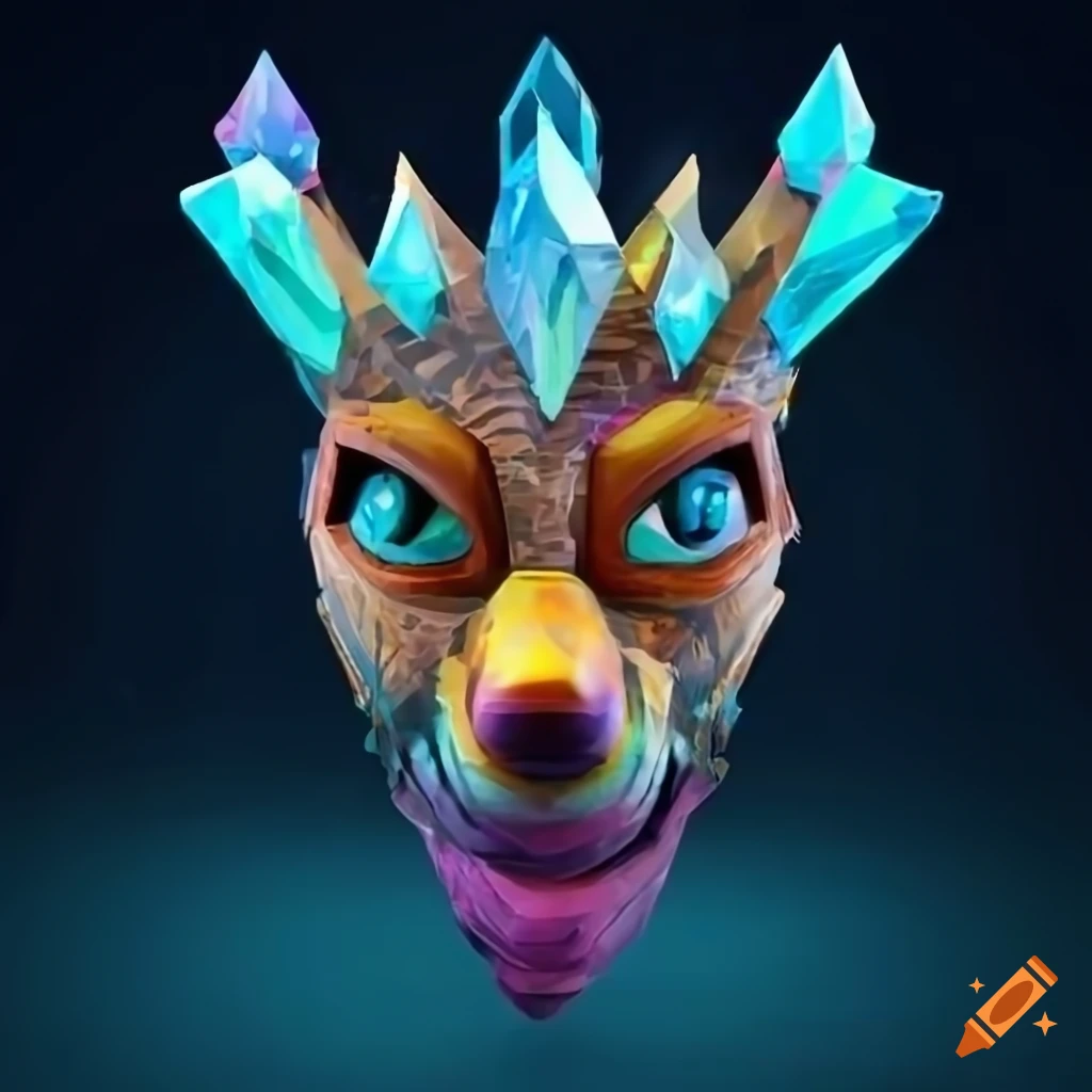 Vibrant and detailed sumerian wooden mask with ice crystal crown and ...