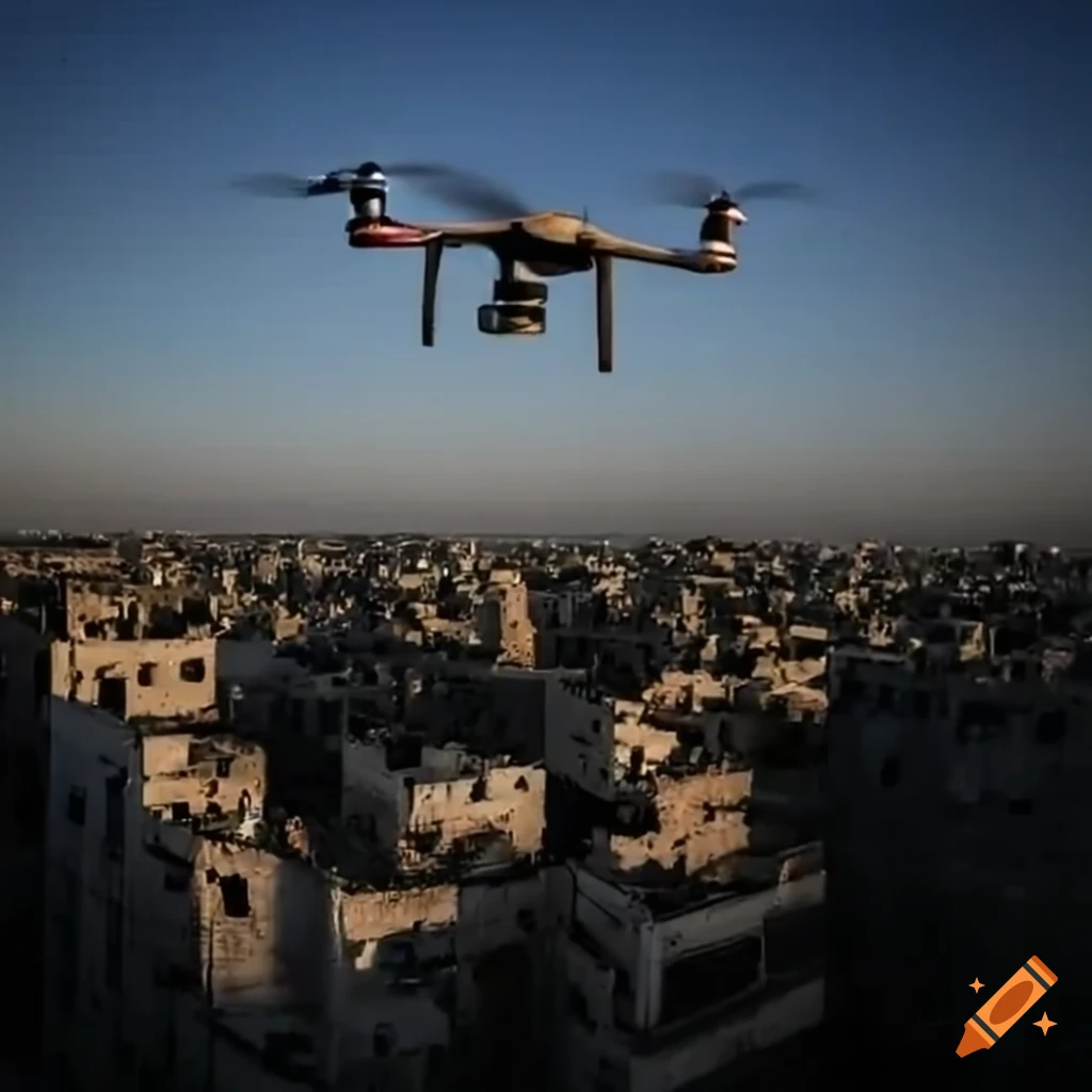 Drones flying over a destroyed city with street view on Craiyon