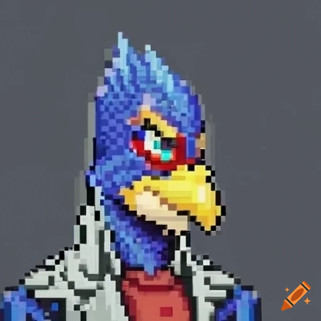 Pixel art of falco lombardi on a collectible nintendo coin on Craiyon