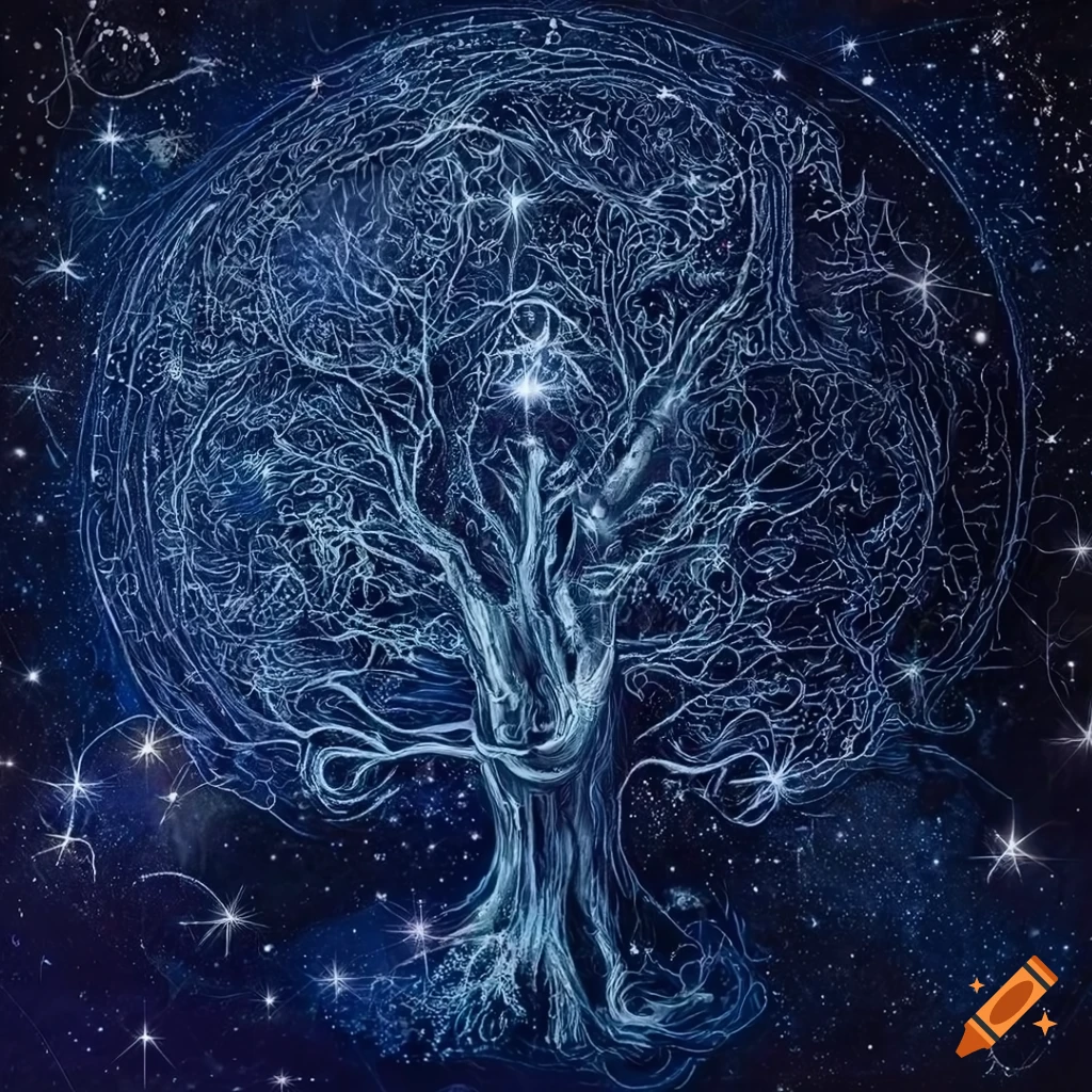 Mystical forest with intricate zodiac tree drawings on Craiyon