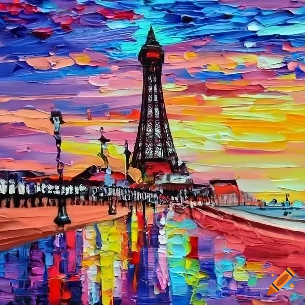 Palette knife painting of blackpool tower and promenade with vibrant ...