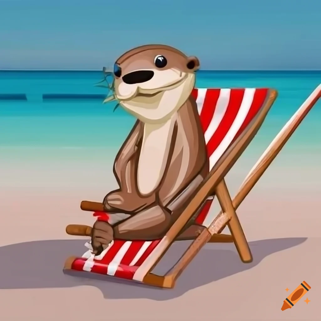 Otter mascot in a striped deck chair at Cancun beach on Craiyon