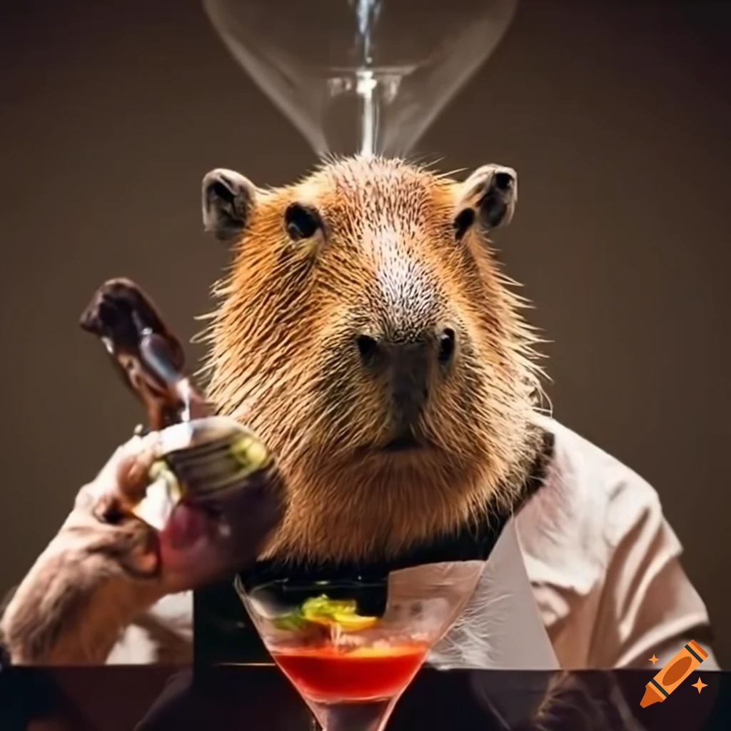 Capybara mixing a cocktail in a bartender apron on Craiyon
