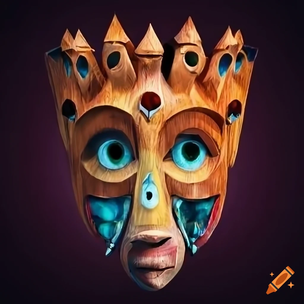 Intricately detailed sumerian wooden mask with bold colors and symbolic ...