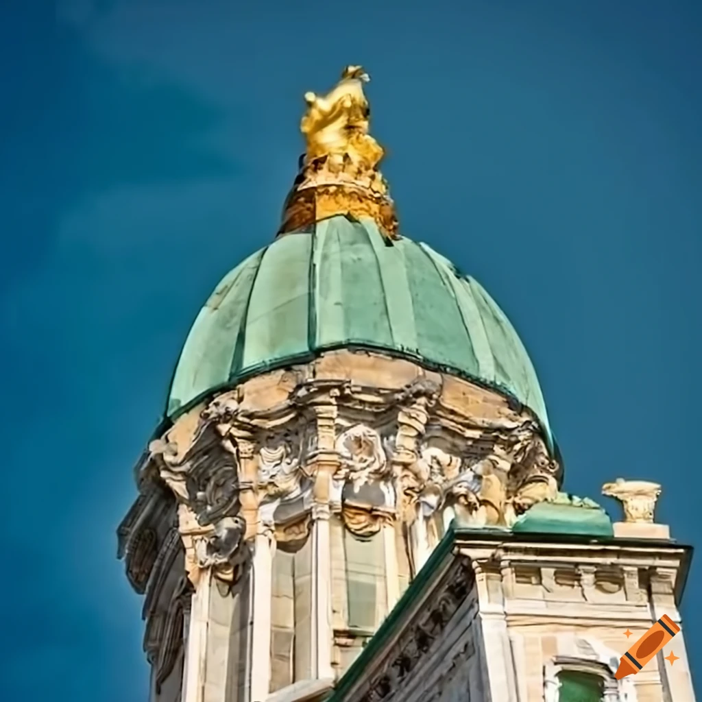 Top of a baroque skyscraper with aqua green ornate bronze roofing in ...