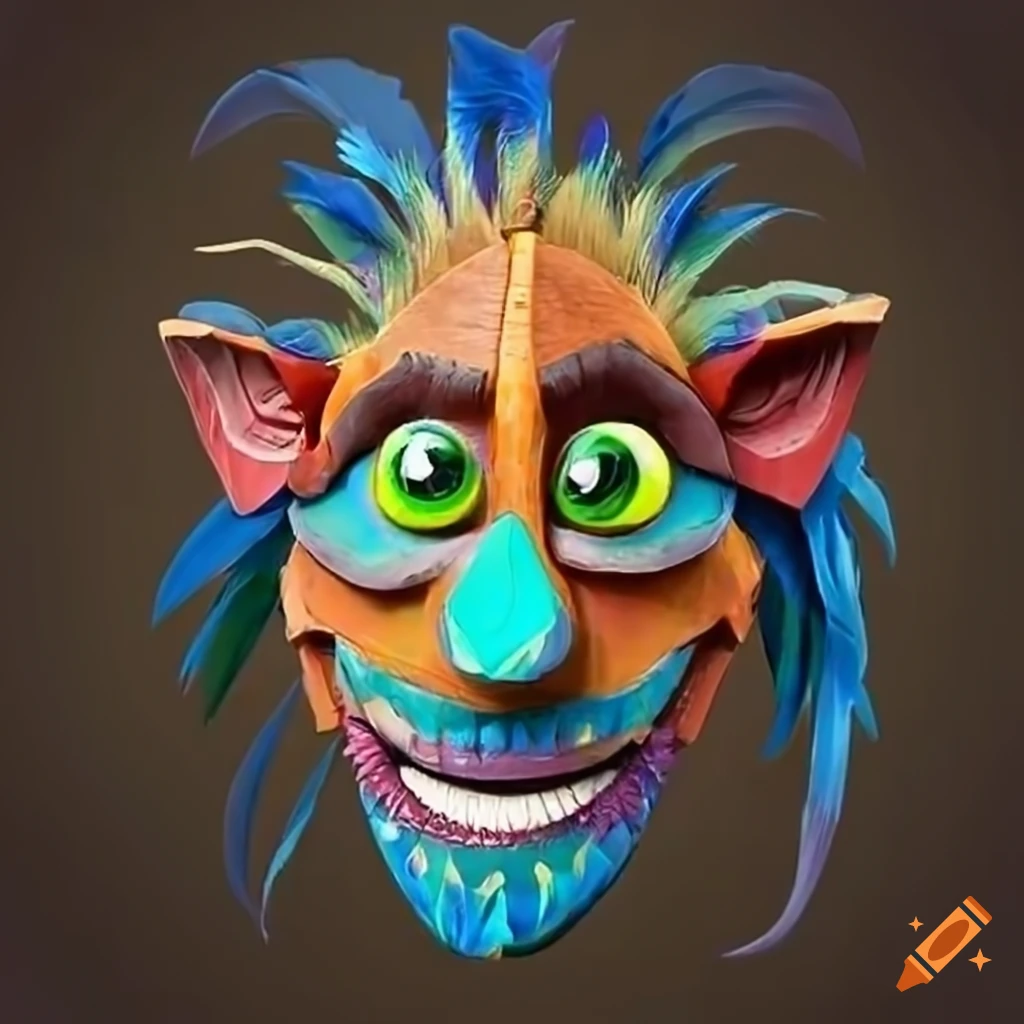 Vibrant and detailed Sumarian wooden mask with blue feather headdress ...