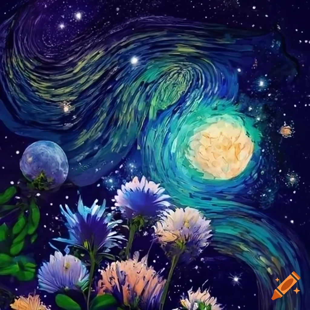 Starry night with medicinal flowers and plants resembling stars and ...