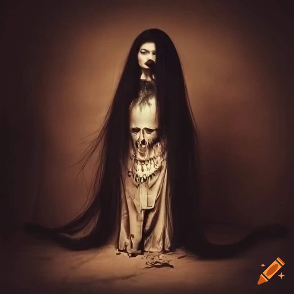 Yurei with skull face and long hair in a gothic room on Craiyon