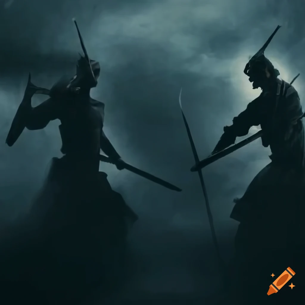 Two shadows wielding swords on a rainy battlefield with swirling skies ...