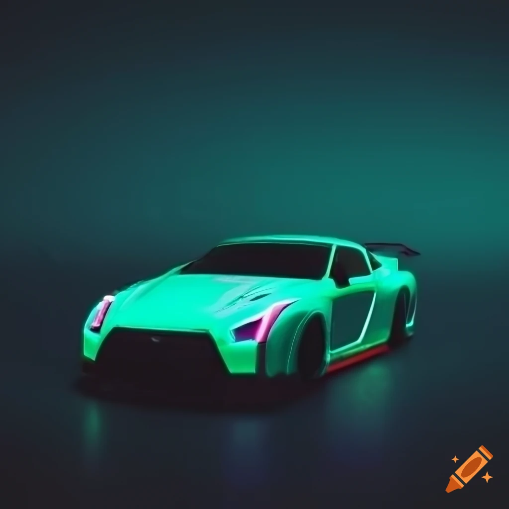 Aqua colored 3D miniature model of a transparent Nissan GTR R35 with ...