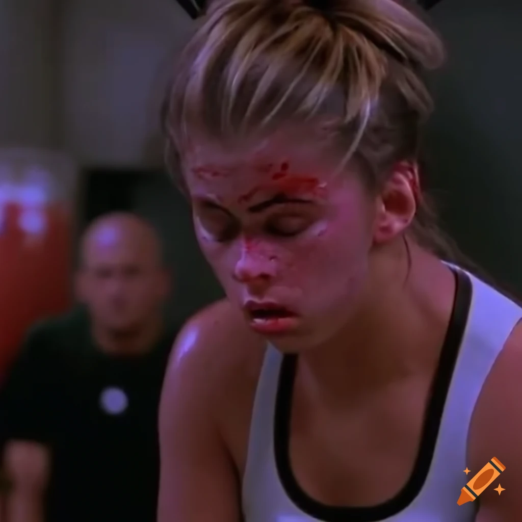 Closeup of disheveled female fighter in a 90's movie scene on Craiyon