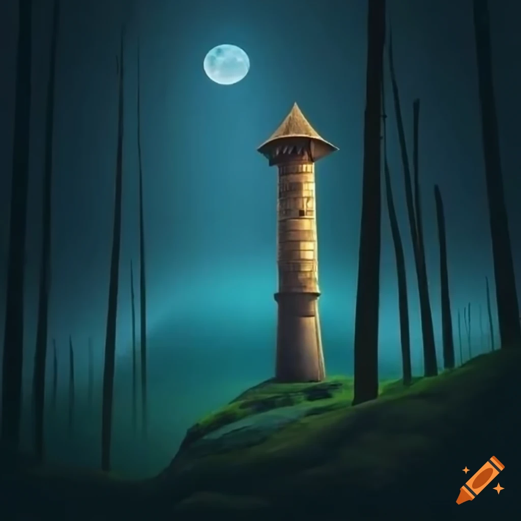 Tower in the forest illuminated by moonlight at night on Craiyon