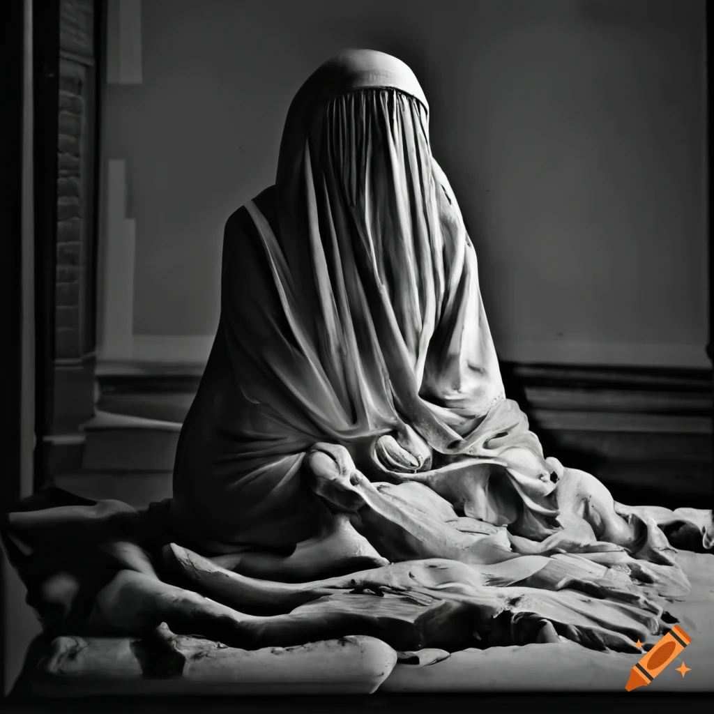 Man cowering on the floor veiled in cloth inspired by conova statue on ...