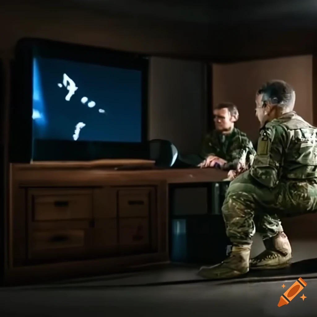 Manager and soldier observing fighter jets on a screen on Craiyon