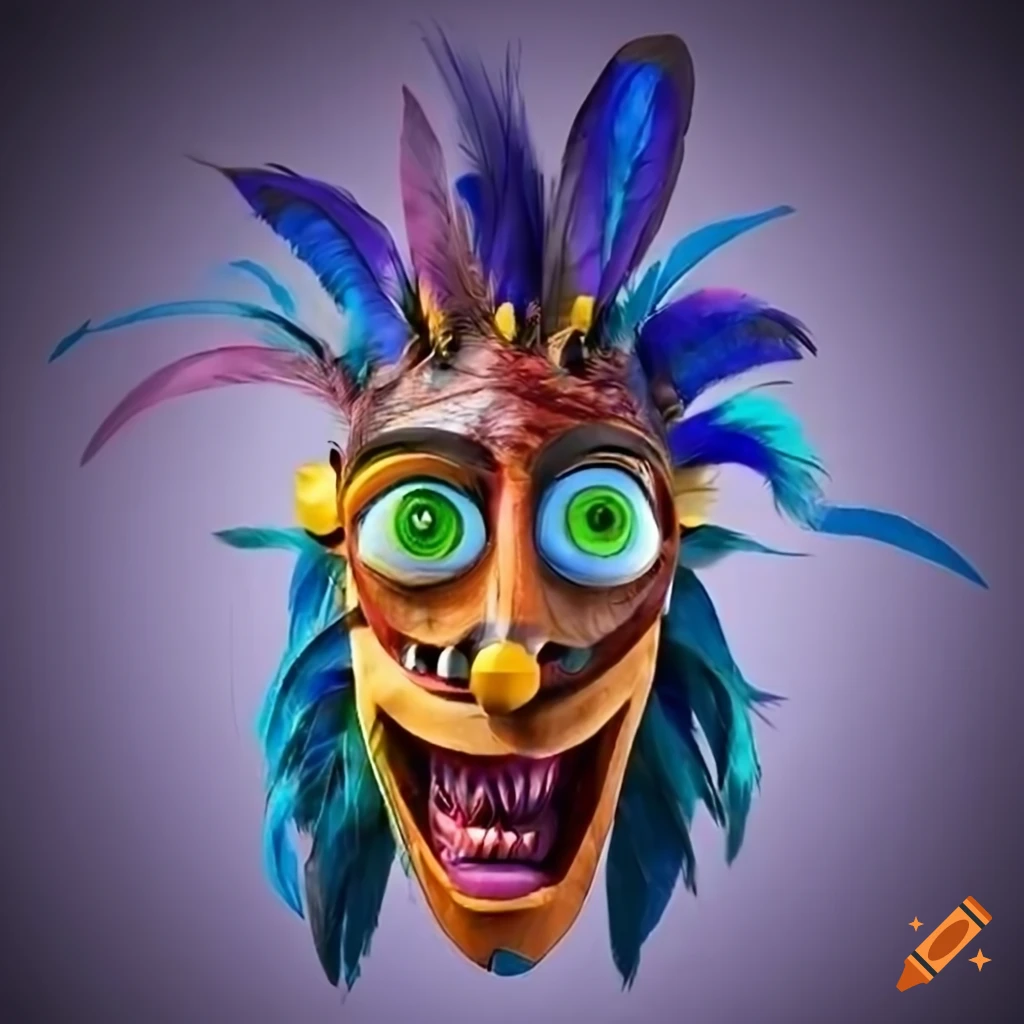 Vibrant and detailed Sumarian wooden mask with blue feather headdress ...