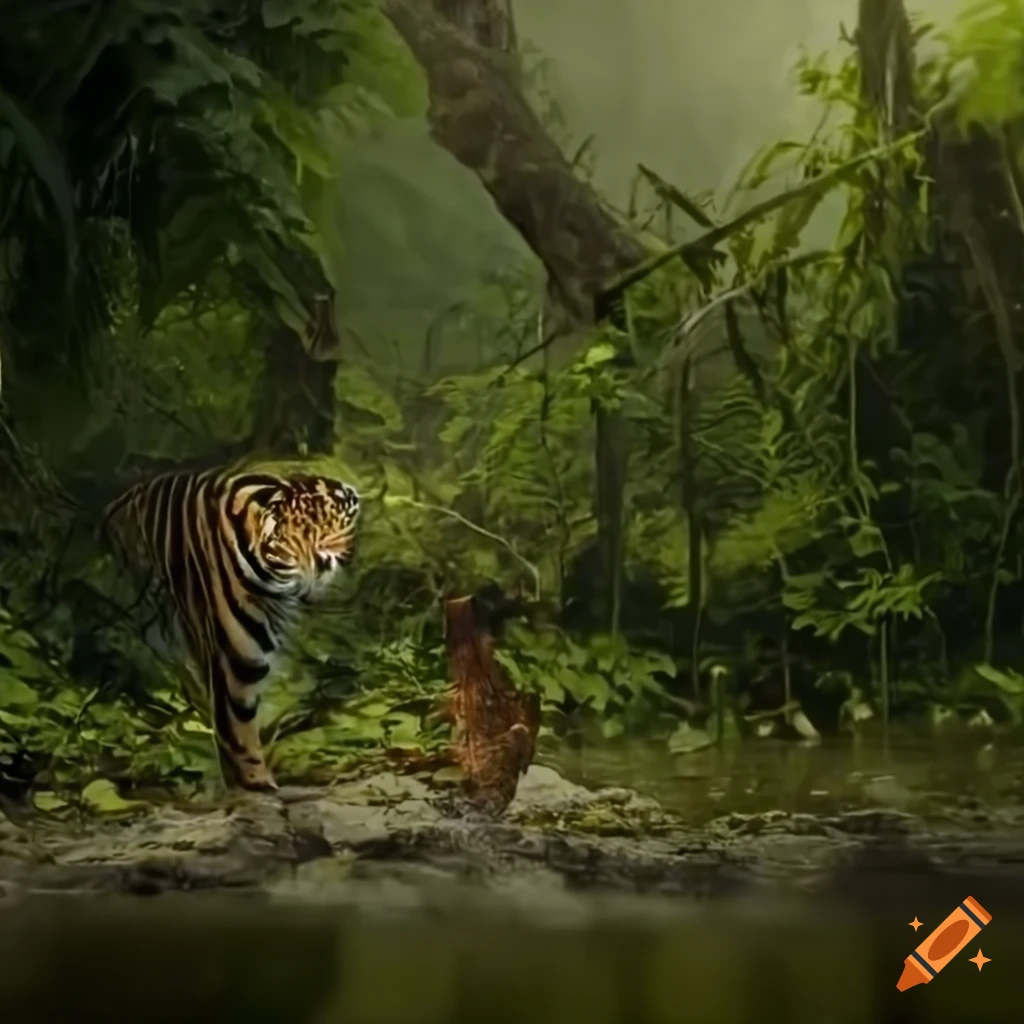 Tiger stalking in a jungle with a toucan on a tree branch on Craiyon