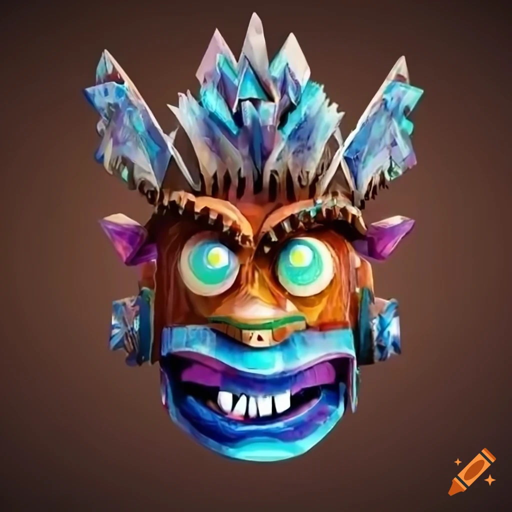 Vibrant sumerian wooden mask with ice crystal crown and colorful eyes ...