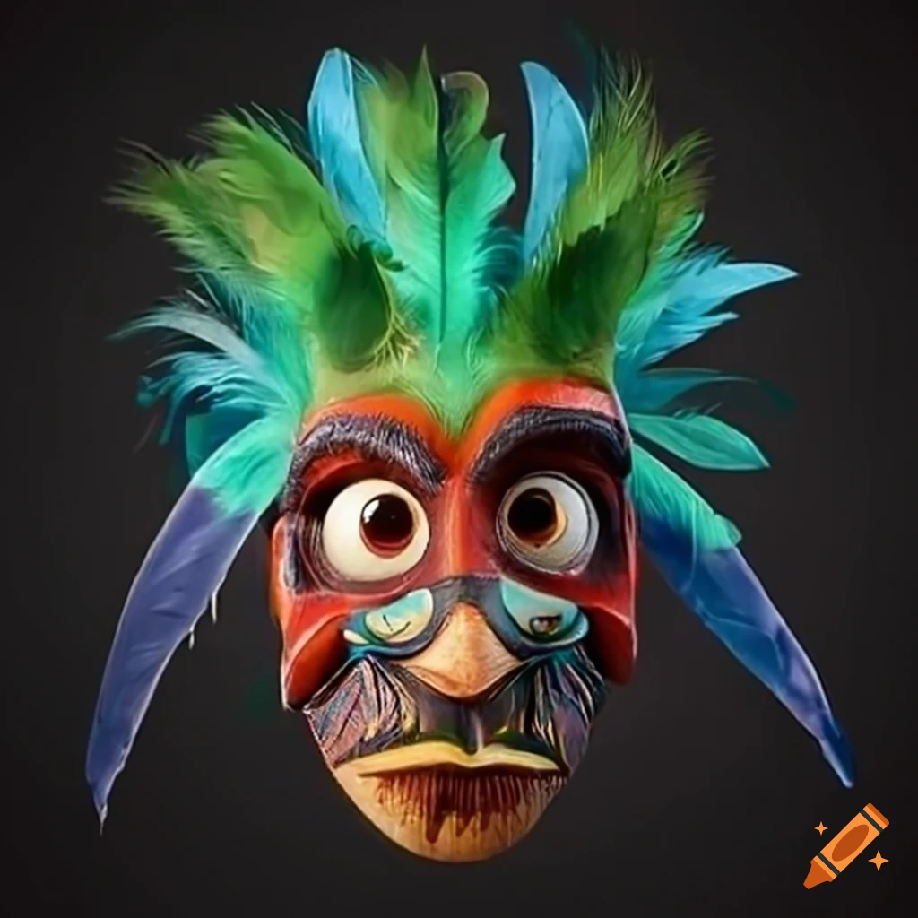 Vibrant Sumerian wooden mask with feathered crown and lifelike eyes on ...