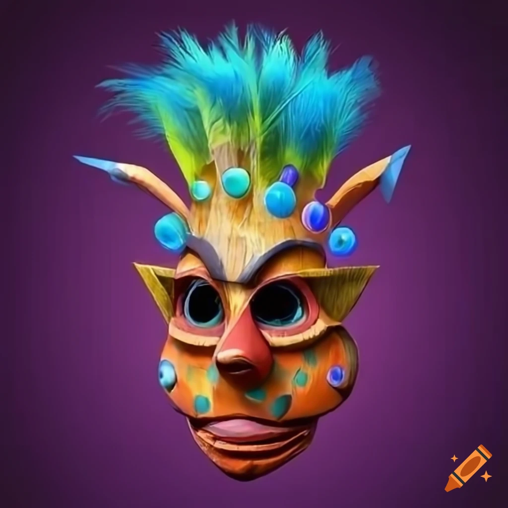 Vibrant sumarian wooden mask with bold colors and blue feathered crown ...