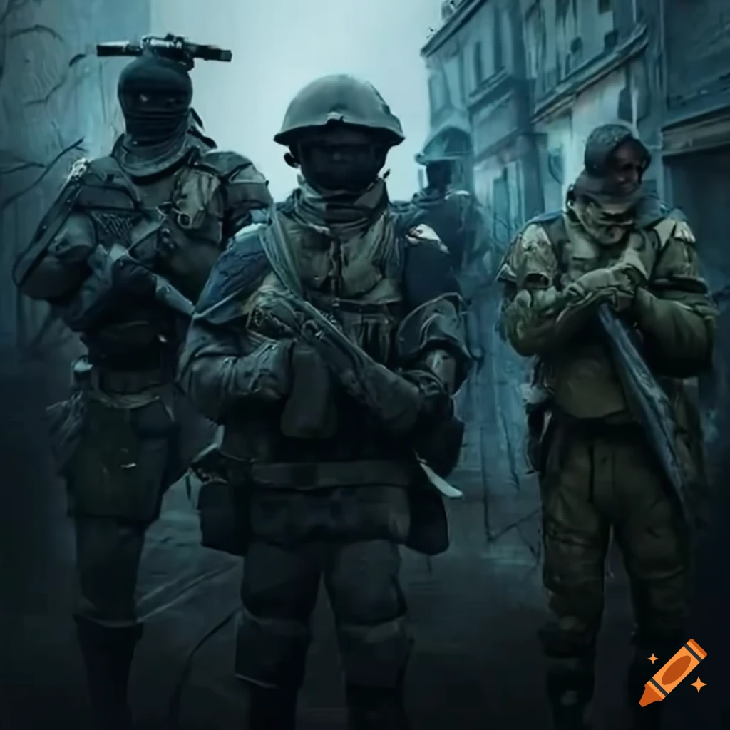 A group of armed survivors in a post-apocalyptic setting on Craiyon