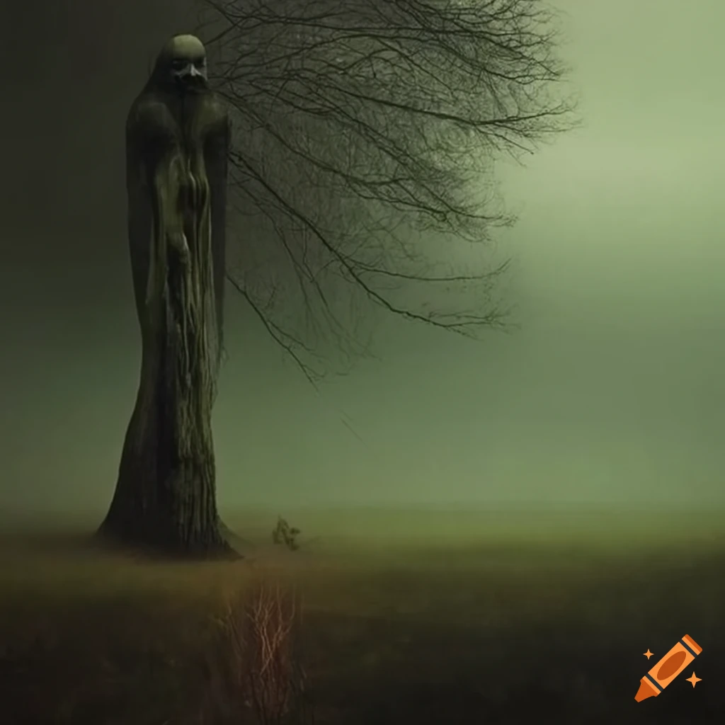 Surrealist artwork of a forest monster in an open field by H.R. Giger ...