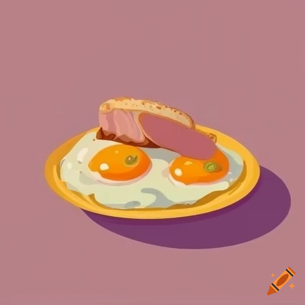 Plate with roasted ham, fried eggs, bread, and cheese in cartoon style ...