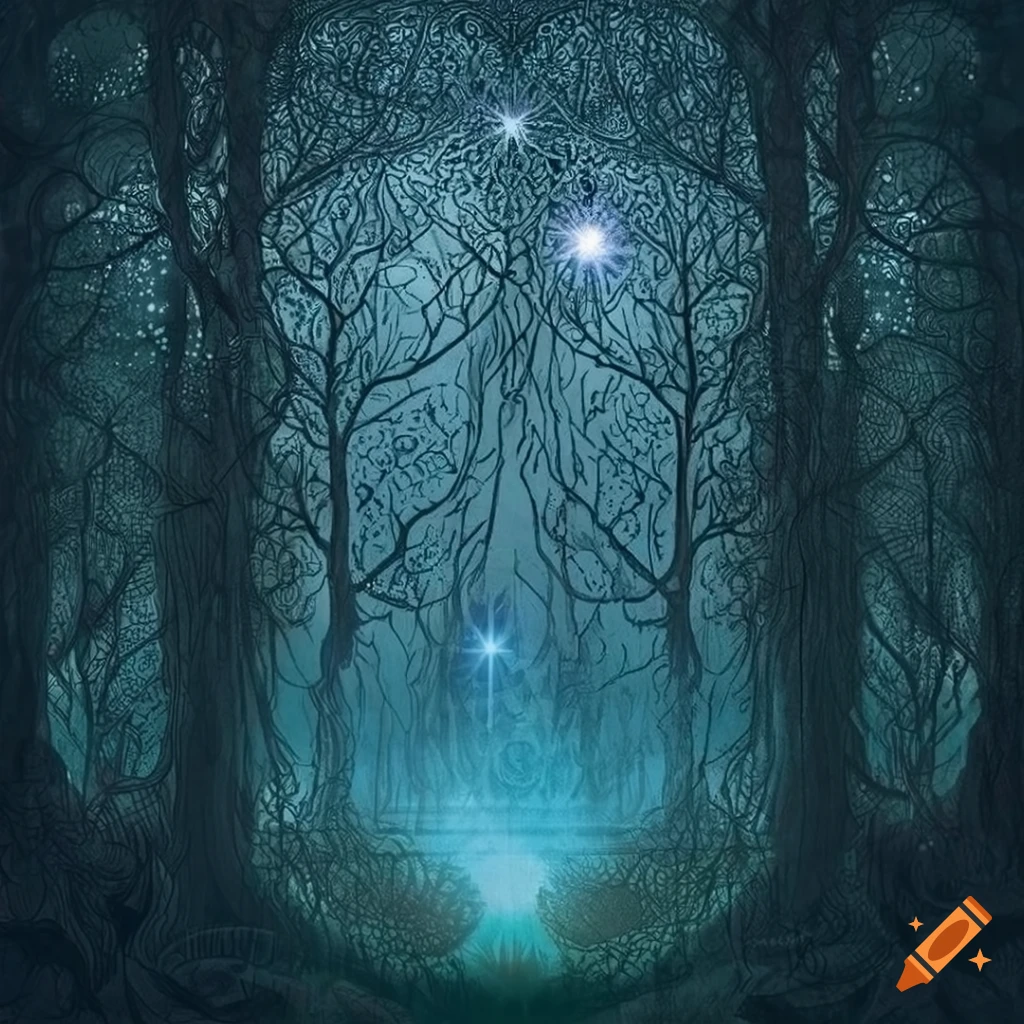 Mystical forest with intricate zodiac tree drawings on Craiyon