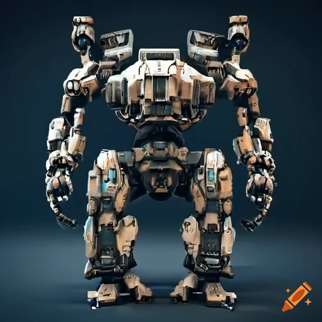 Futuristic mech robot mounted with artillery ready for battle on Craiyon