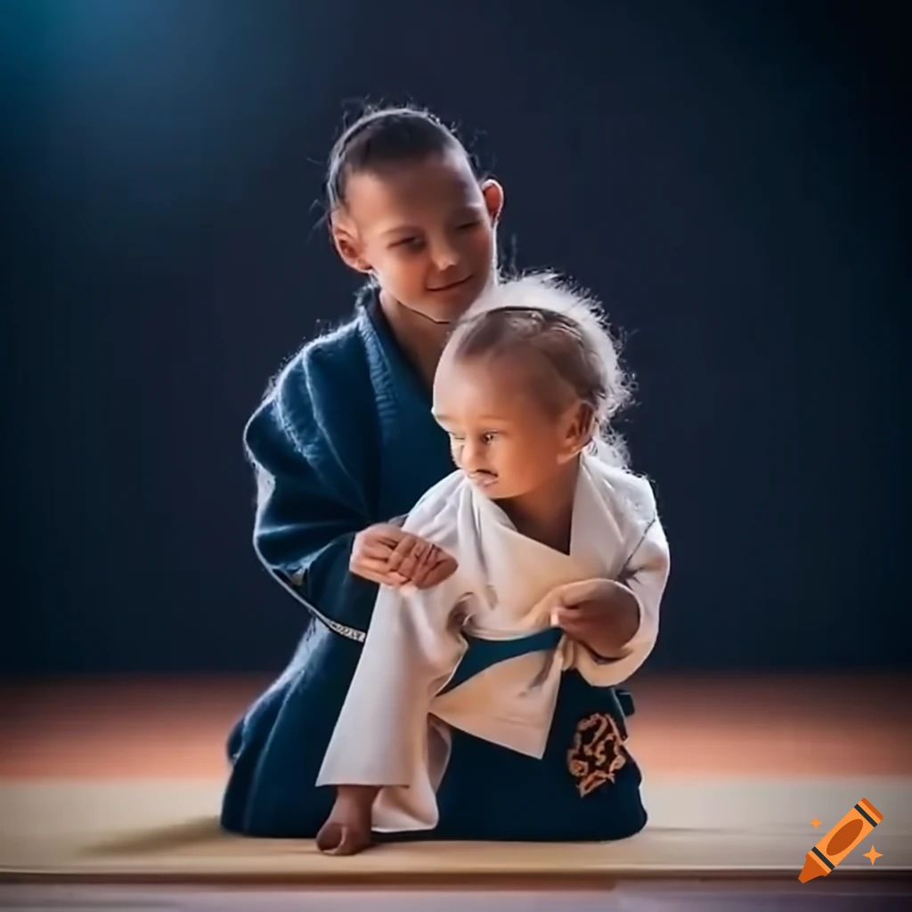 Father teaching judo to his young blonde daughter in a traditional dojo ...
