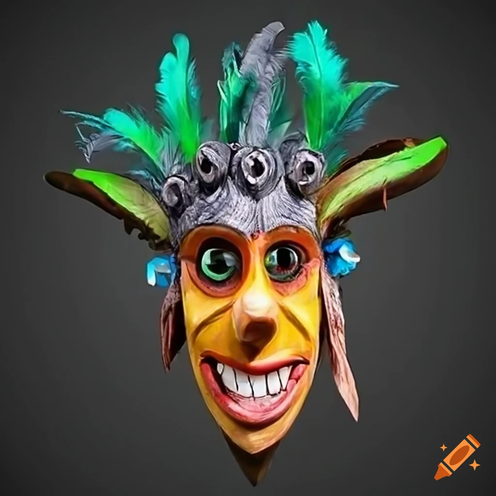 Vibrant sumarian wooden mask with colorful feathers headdress on Craiyon