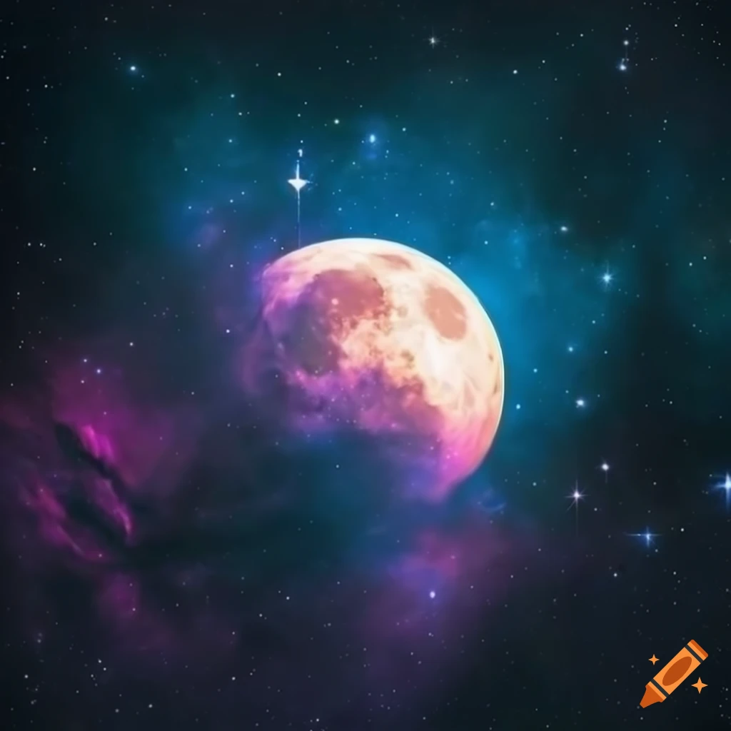 Dreamlike moon with vibrant wildlife and sparkling nebula on Craiyon