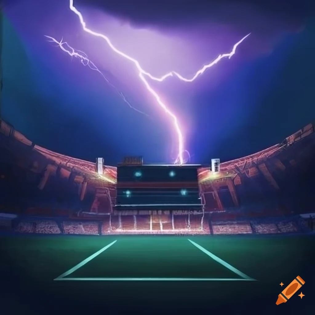 Bolt of lightning strikes a football stadium in a fantasy art style on ...