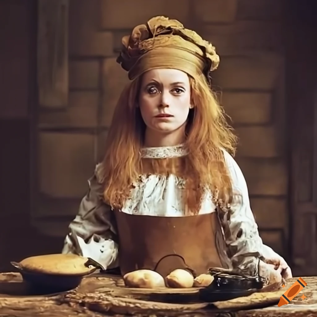 Young elegant medieval cook baking in a medieval kitchen on Craiyon