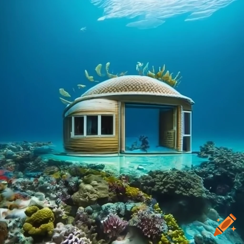 Underwater house with coral reef and freediver on Craiyon