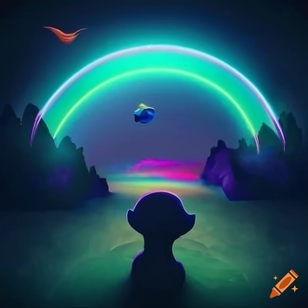 Surreal dreamscape with rainbow landscape, unicorns, flying pigs ...