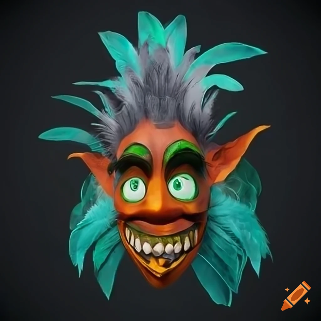 Vibrant and intricately detailed sumarian wooden mask with feathered ...