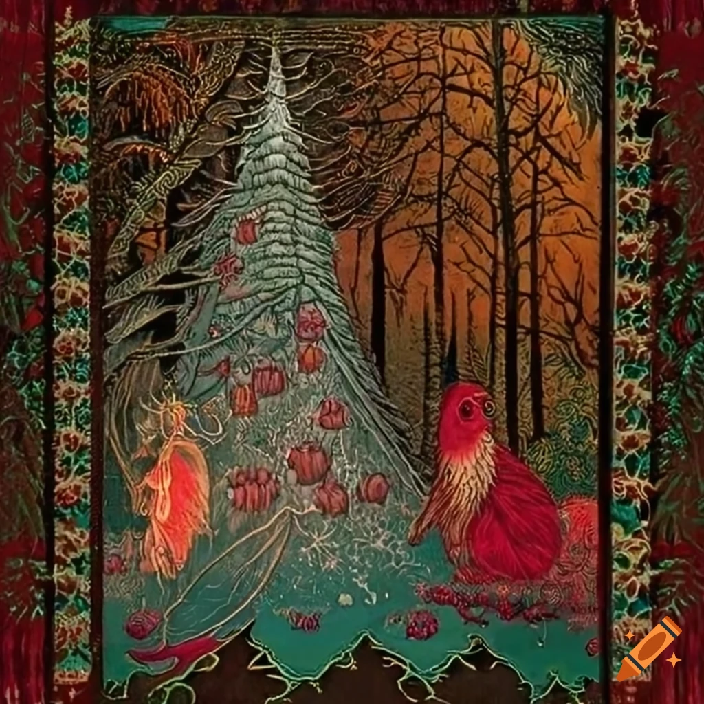 Illustration of a Christmas Tree made of feathers in a festive forest ...