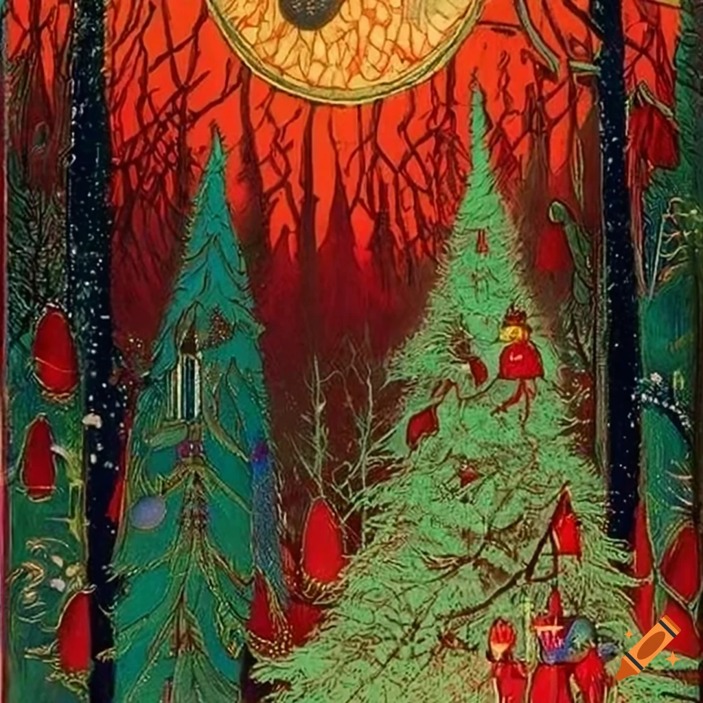 Illustration of a Christmas Tree made of feathers in a festive forest ...