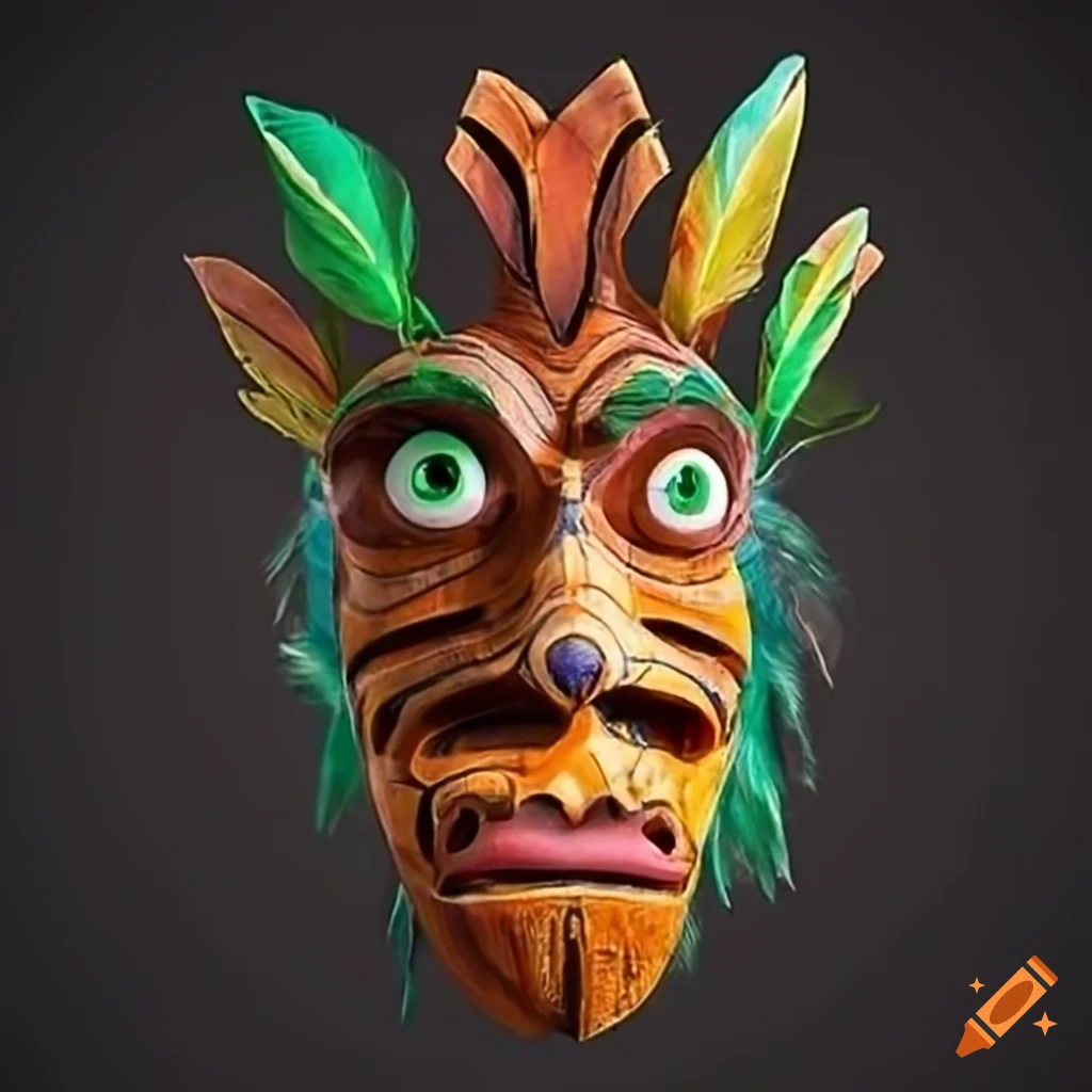 Vibrant Sumerian wooden mask with colorful feathered crown and friendly ...
