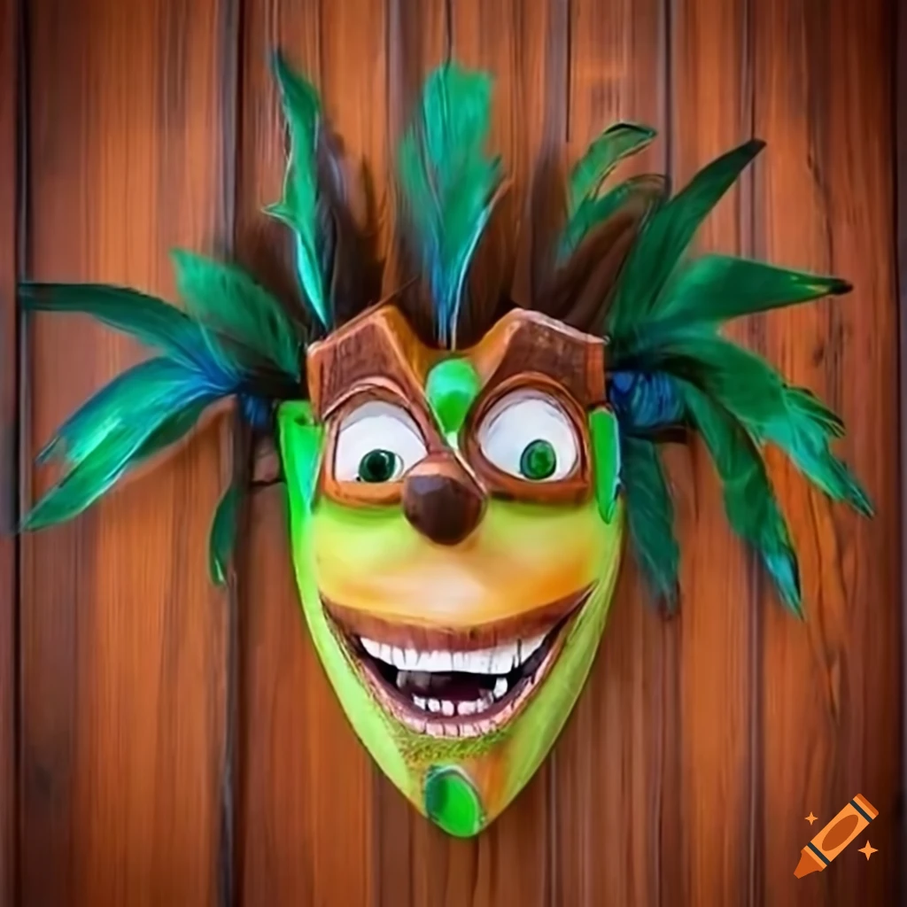 Intricately detailed Sumerian wooden mask with colorful feathers and ...