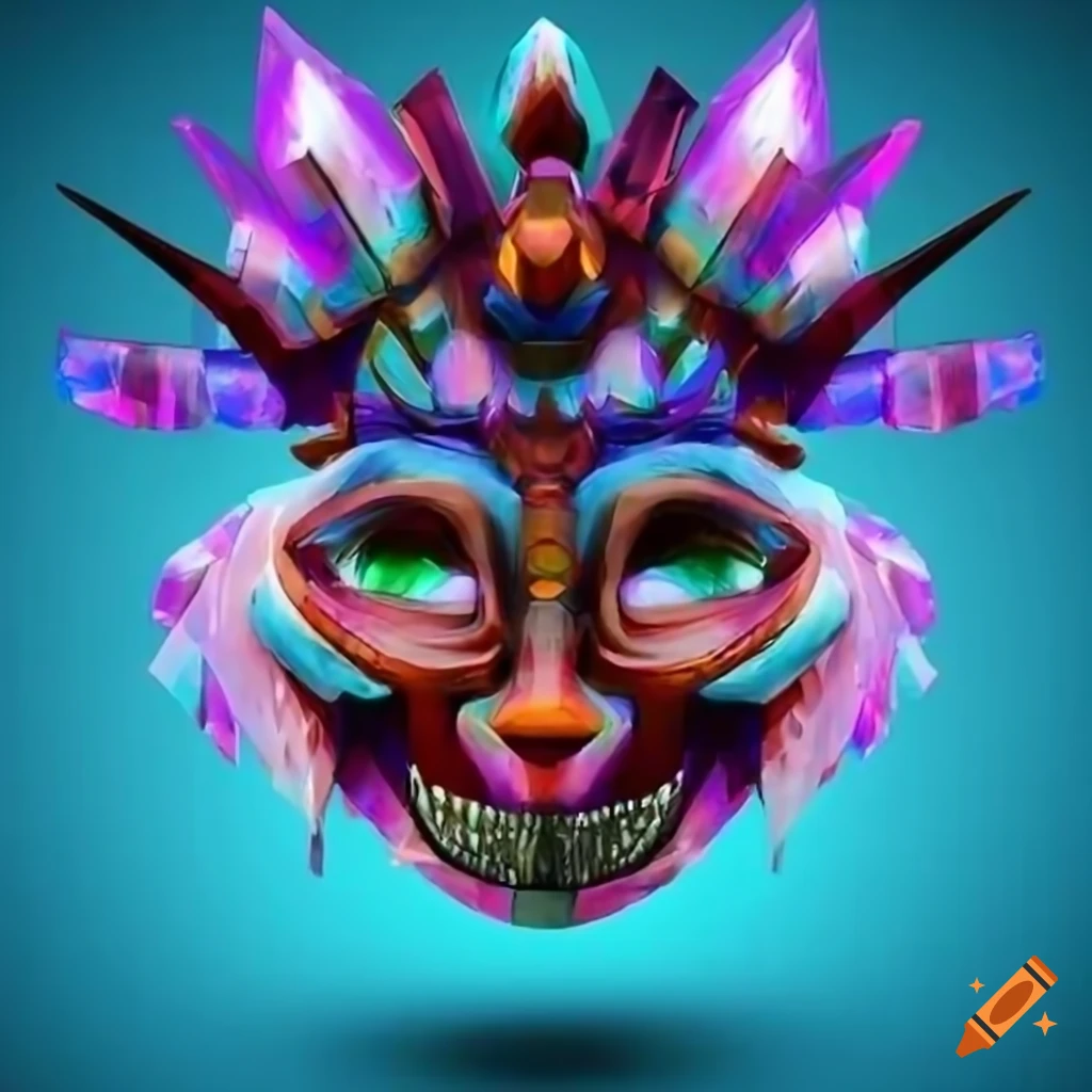 Vibrant and detailed sumerian wooden mask with ice crystal crown and ...