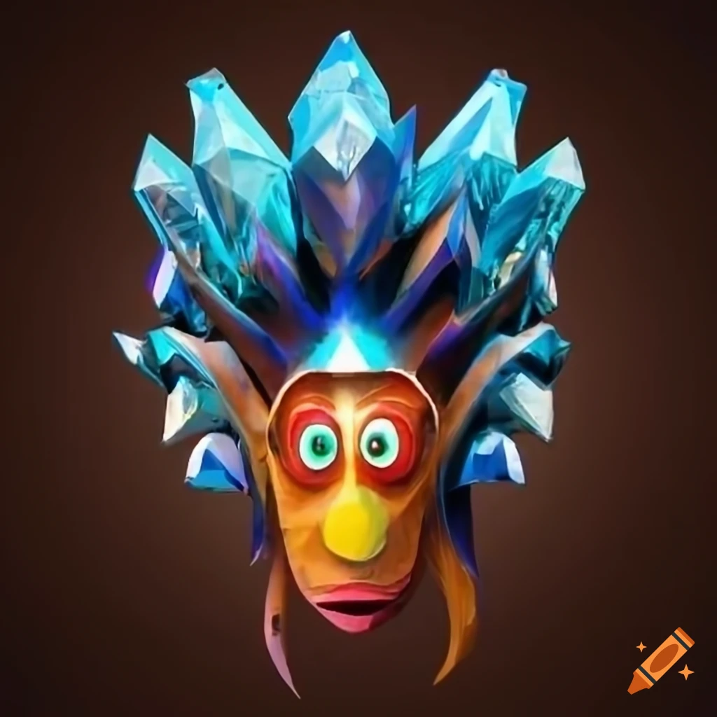 Vibrant sumerian wooden mask with intricate details and bold colors on ...