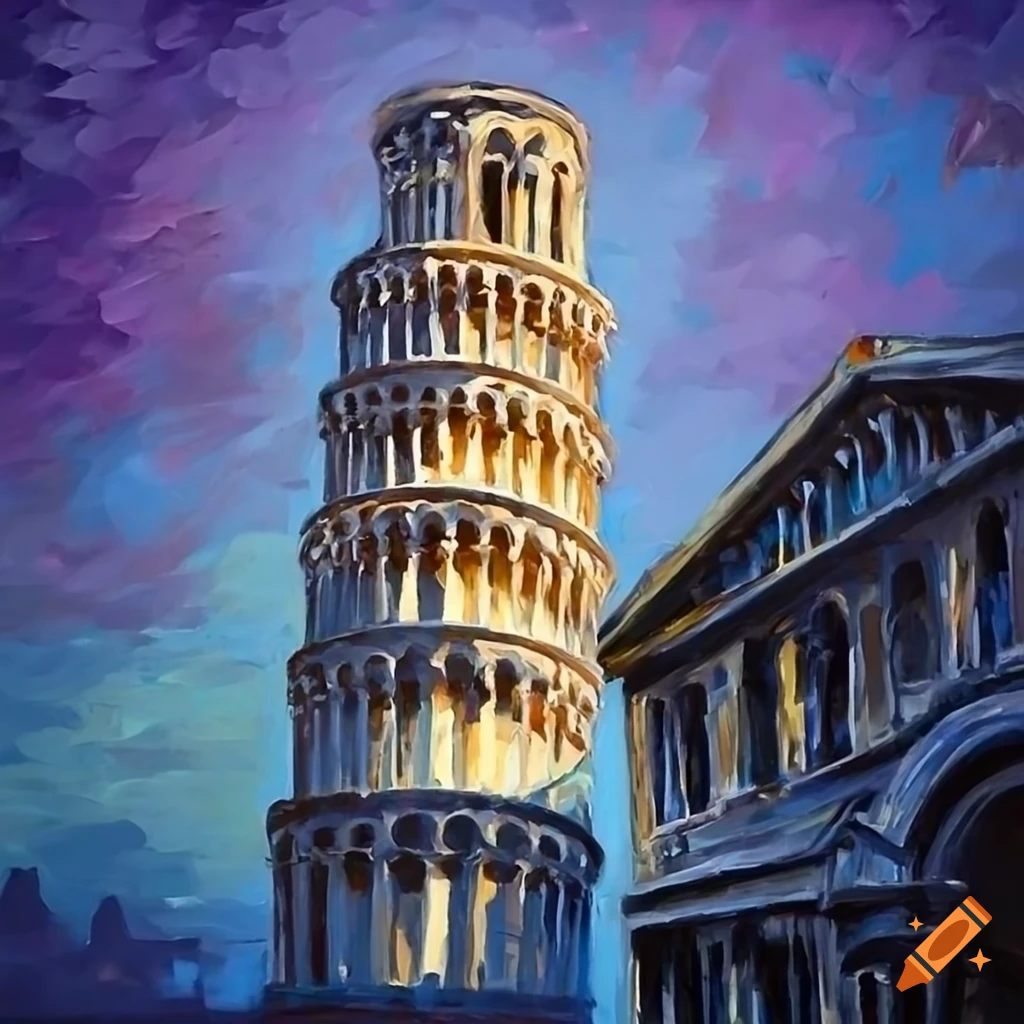 Leaning Tower of Pisa above tourists in a palette knife painting on Craiyon