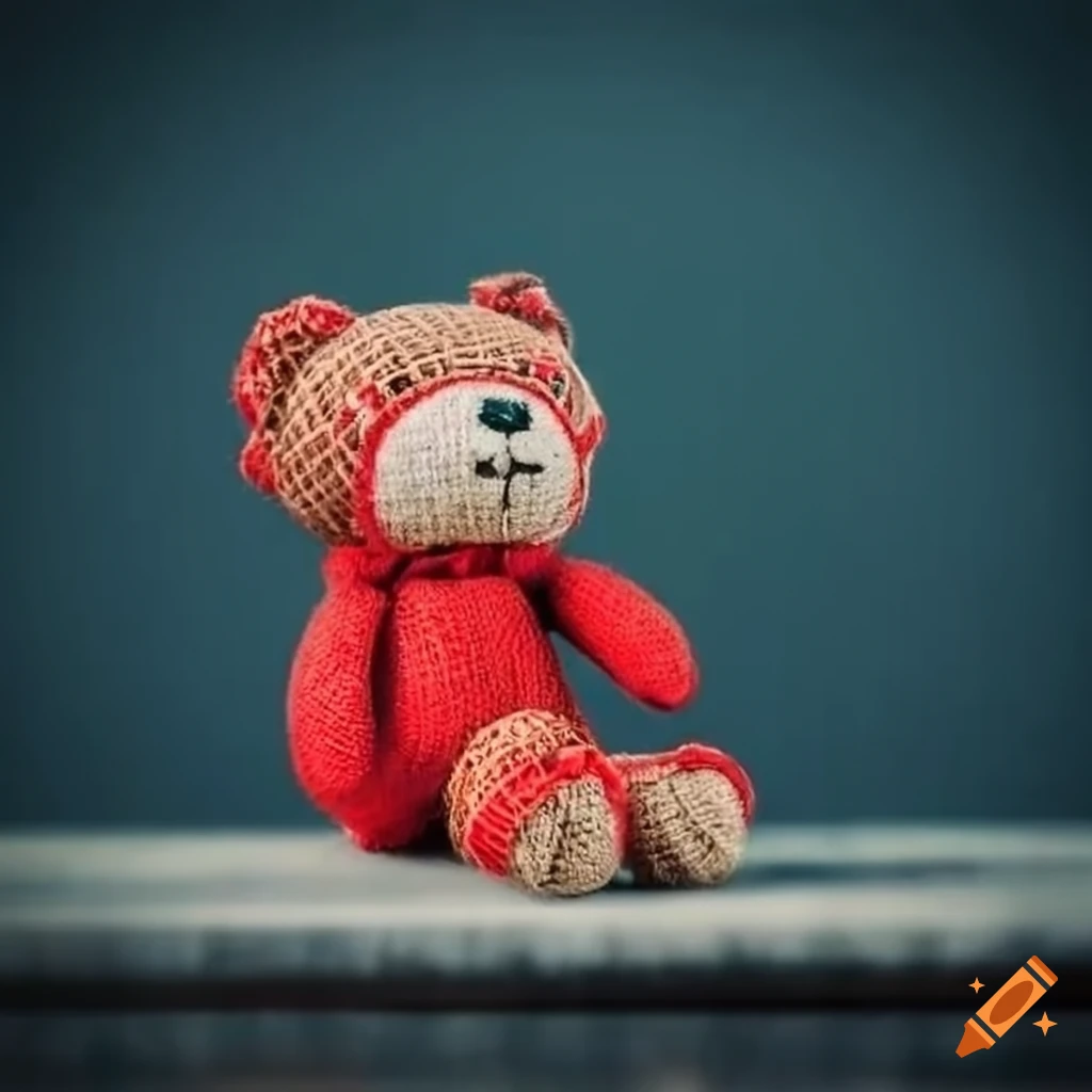 Cute red bear Burlap doll in a house by a designed road on Craiyon