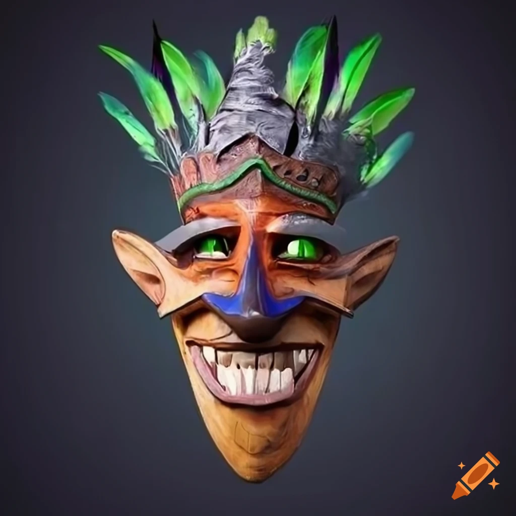 Vibrant sumerian wooden mask with feathered crown and lifelike eyes on ...