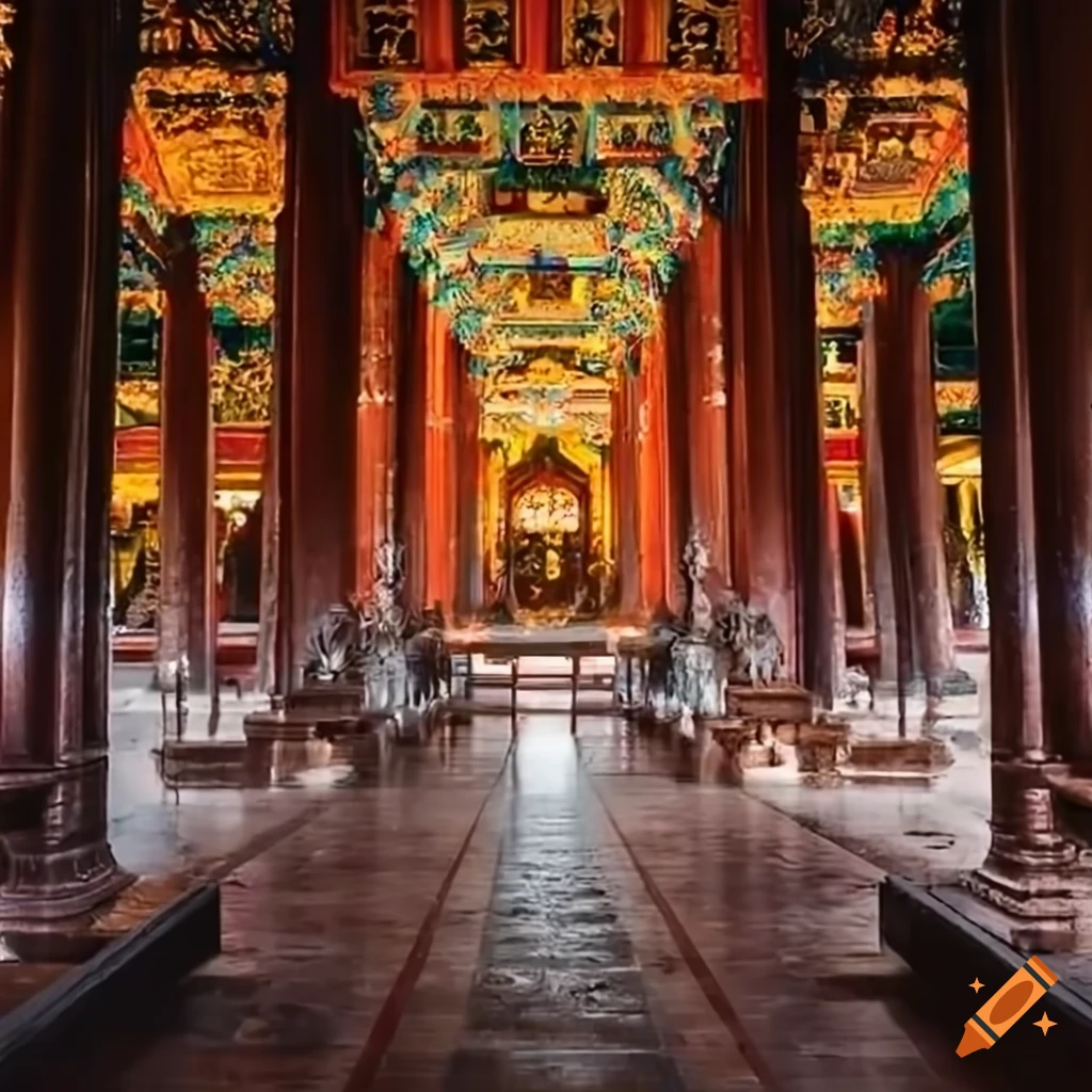 Realistic interior of a sacred water and nature temple with asian ...